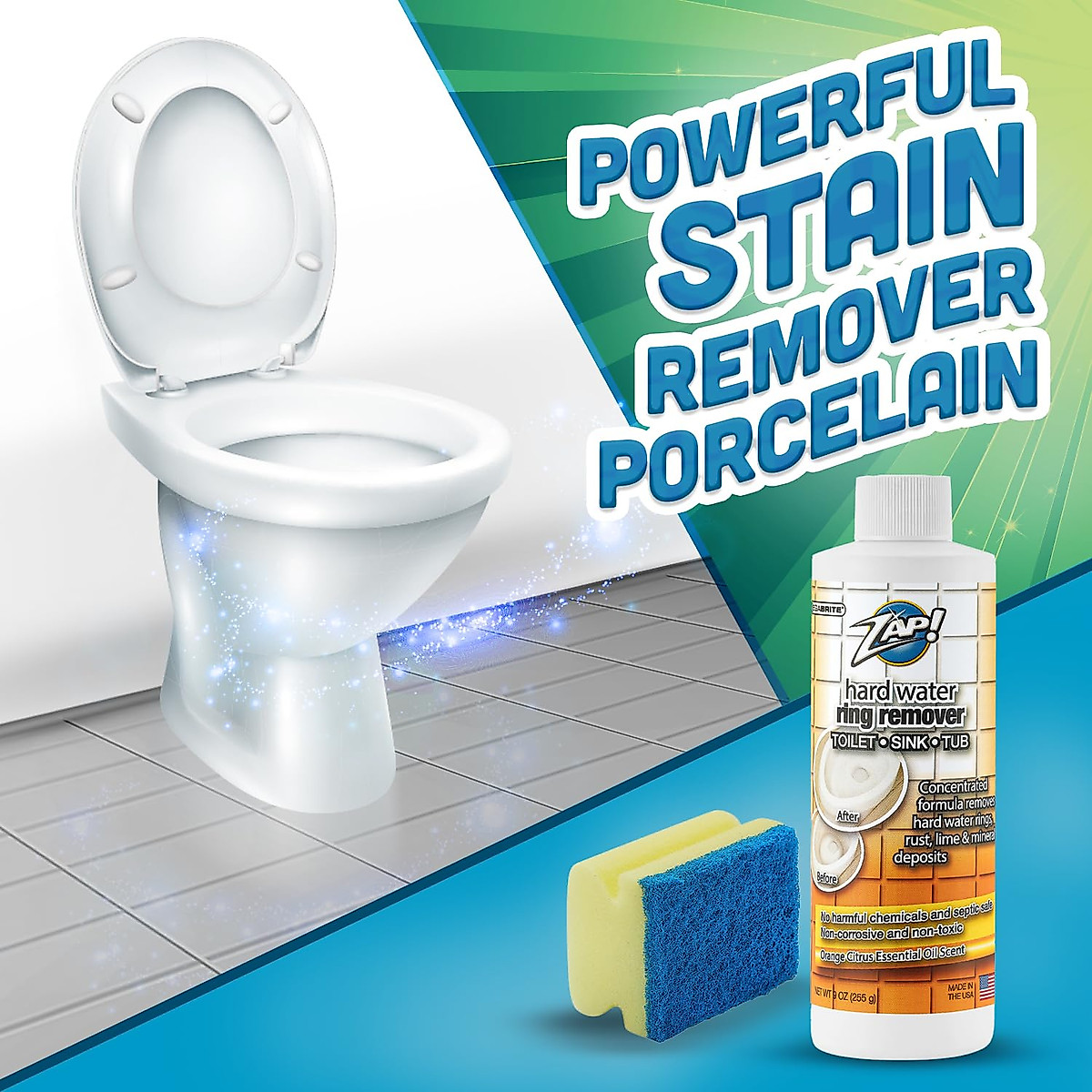 Megabrite Toilet Bowl Stain Remover | Porcelain Sink, Tub & Bowl | Concentrated Formula Removes Hard Water Rings, Rust, Lime & Mineral Deposits | Septic Safe | Citrus Scent 9 oz