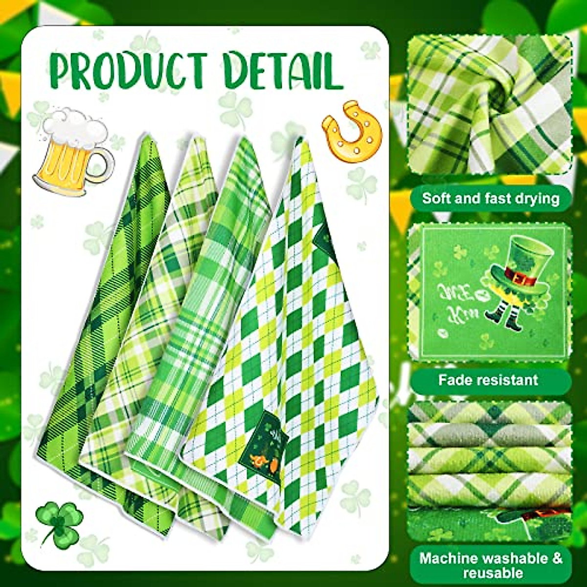 4 Pack St Patrick's Day Towels Set St. Patrick's Day Kitchen Collection Decorative Shamrock Kitchen Towel Set Checkered Green Irish Clovers Pattern for Kitchen Supplies Irish Decor Holiday Home Party
