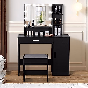 usikey Makeup Vanity Desk, Vanity Mirror with Lights and Table Set with Drawer, Cabinet & 3 Shelves, Makeup Vanity Set with 3 Lighting Modes Brightness Adjustable for Bedroom, Black