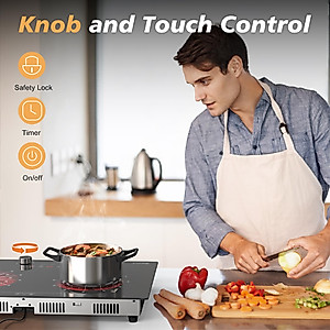 Disaenvir 2 Burner Electric Cooktop 110V - 24 Inch Ceramic Stove Top Countertop & Built-in, 2000W Two Burner Radiant Electric Cook Top with LCD Touch & Knob Control, Timer, Safety Lock, 120V Plug in