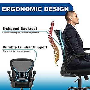 Youhauchair Mesh Office Chair, Ergonomic Computer Chair with Flip-up Arms and Lumbar Support, Height Adjustable Home Office Desk Chairs, Black