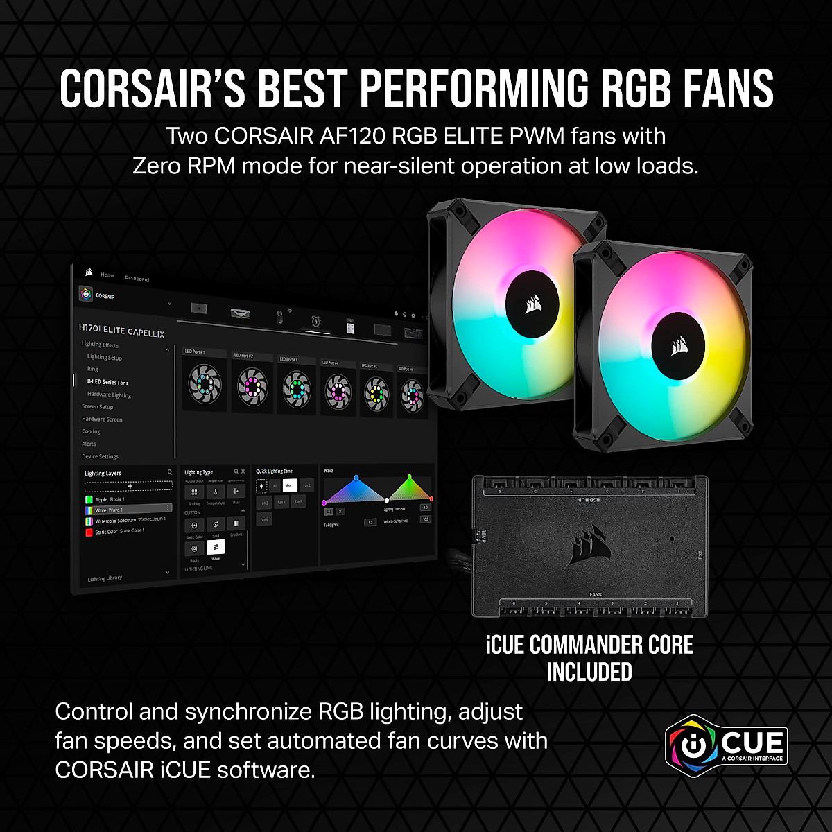 Corsair iCUE H100i Elite CAPELLIX XT Liquid CPU Cooler - Two AF120 RGB Elite Fans - 240mm Radiator - Intel® LGA 1700, 1200, 115X, 2066, AMD® AM5, AM4 - Included iCUE Commander CORE - Black