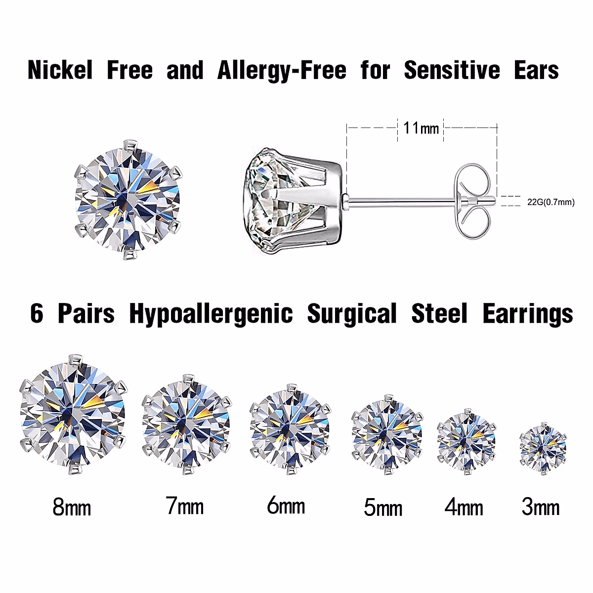 6 Pairs Cubic Zirconia Stud Earrings Set Surgical Steel Hypoallergenic 316L Stainless Steel Earrings for Women Men Contain 3,4,5,6,7,8mm