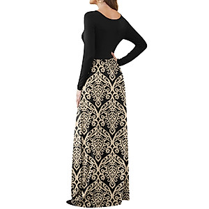 DB MOON Women Casual Long Sleeve Maxi Dresses Empire Waist Long Dress with Pockets Black and Gold M
