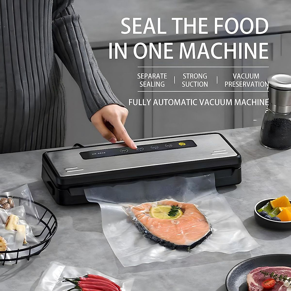 Vacuum Sealer Machine, Dry Moist Vacuum Sealer With 10 Mini Food Storage Bags, Kitchen Full Automatic Air Sealing System for Sous Vide, Snacks Freshness, Stainless Steel Panel, Led Indicator Light