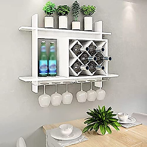 WANLECY Wall Mounted Wine Rack, 6 Bottles Wooden Wine Storage Display Rack with Metal Glass Holder, Modern Diamond-Shaped Wine Bottle Glass Holder Shelf for Wine Bottles, Liquor, Champagne