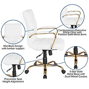 Flash Furniture Whitney Mid-Back Desk Chair - White LeatherSoft Executive Swivel Office Chair with Gold Frame - Swivel Arm Chair