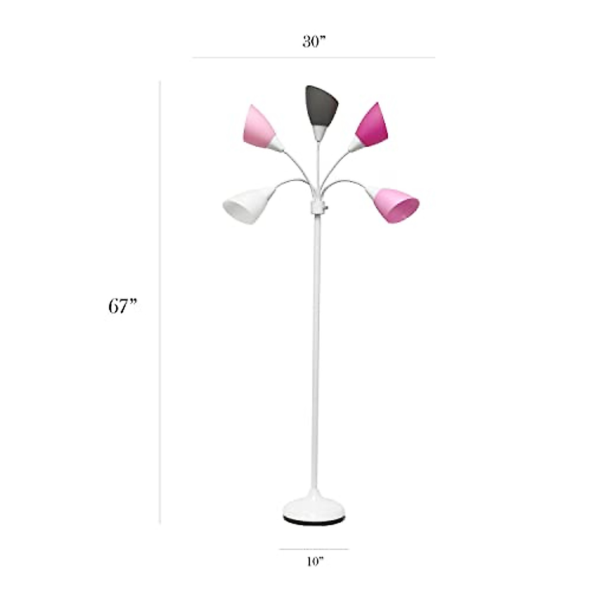 Simple Designs LF2006-WPG 67" Contemporary Multi Head Medusa 5 Light Adjustable Gooseneck White Floor Lamp with Pink, White, Gray Shades for Kids Bedroom Playroom Living Room Office, 30 x 10 x 67