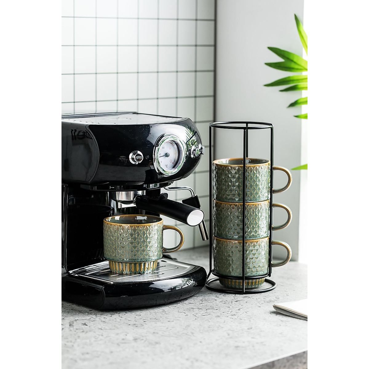 LYEOBOH Coffee Mug, Coffee Mugs Set of 4, Stackable Coffee Mugs with Rack and Spoons - 13 Oz Coffee Cup Set with Stand, Ceramic Coffee Mugs for Home & Kitchen, Blue and Green