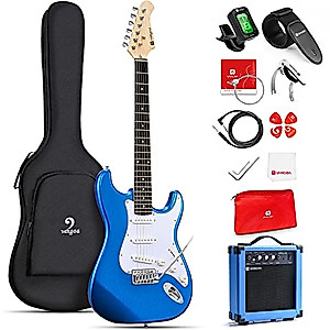 Electric Guitar 39 Inch Full Size Electric Guitar Beginner Starter Kit Bundle with Folding 10W Amp for Adults Teens,Metallic Blue, by Vangoa
