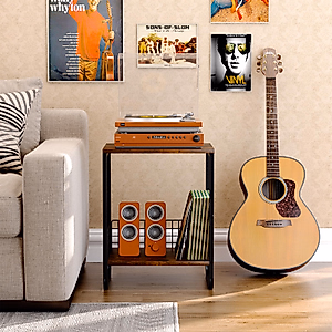 Emfogo Record Player Stand, 2 Tier Record Player Table Turntable Stand with Vinyl Record Album Storage, Retro Nightstand Small End Table for Living Room Bedroom Office(Rustic Brown)