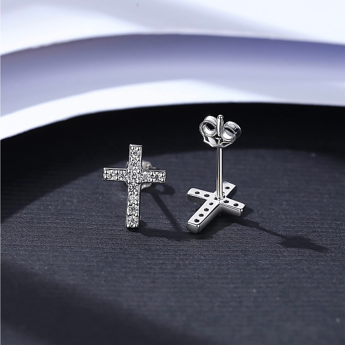 S925 Sterling Silver Dainty Small Tiny Cross with Pave Clear Cubic Zirconia Stud Earrings Fashion Jewelry for Women