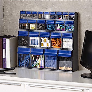 Ideal BNZ Tilt Bins, Plastic Pull Out Storage Bins, Stackable Organizer, Storage Containers with Drawers (Fastener Storage, Bead Storage Drawers), 5 Bins, Grey/Blue