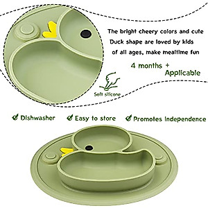 Baby Divided Plate Placemat Silicone- Portable Non Slip Child Feeding Suction Plate for Children Babies and Kids BPA Free Baby Dinner Plate Microwave Dishwasher Safe (Duck-Endive)