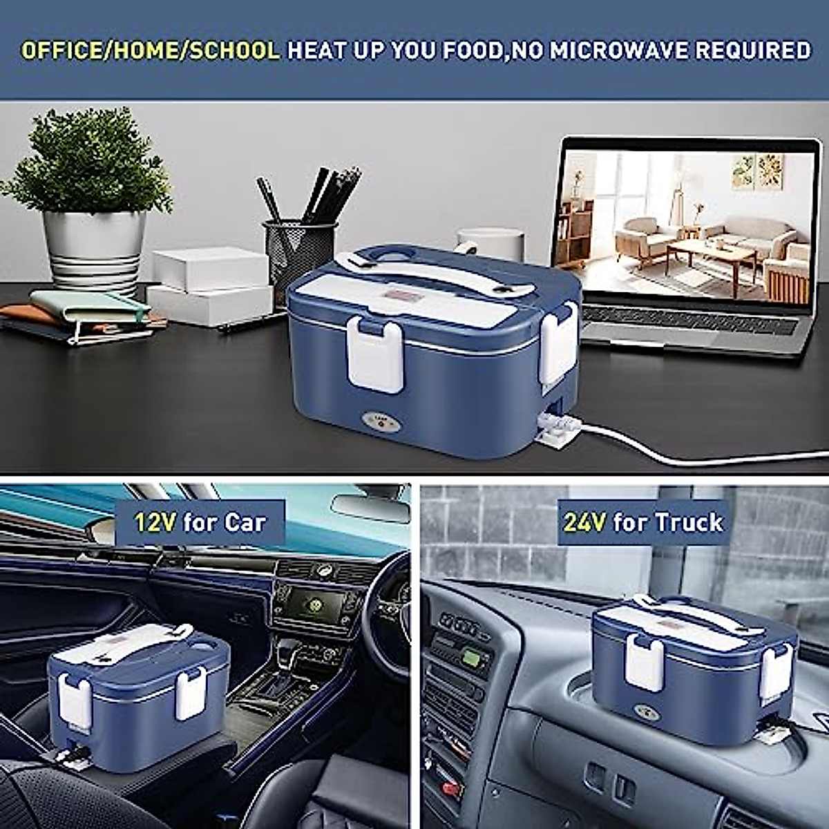 AosFero 80W1.8L Portable Heated Electric Lunch Box,3 in1 food warmer lunch box（12/24/110-230V） suitable for Car/Truck/Home.Free 120ml salad bottle and dishwashing cotton, with fork、spoon、carrying bag