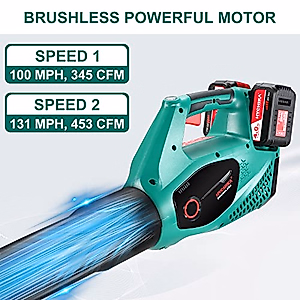 HYCHIKA 40V Cordless Leaf Blower Brushless,453CFM 131MPH Variable Speed 22500RPM,Electric Leaf Blower+2PCS 4.0Ah Li-ion Batteries & Charger,Handheld Sweeper for Blowing Leaves,Dust,Debris,Snow Blower