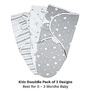 ikads Baby Swaddle 0-3 Months 100% Cotton Swaddles for Newborns - Small/Medium 3-Pack Wearable Baby Wrap Swaddle Blanket with Adjustable Hooks & Loop - Easy to Use Sleep Sack (Grey)