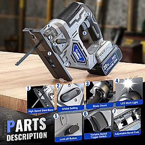 Cordless Jigsaw Tool Compatible with Dewalt 20V Battery, Variable Speed, LED Light, 0°-45° Bevel Cuts, 3-Position Orbital Action, Brushless Motor for Straight Curve Circle Cutting