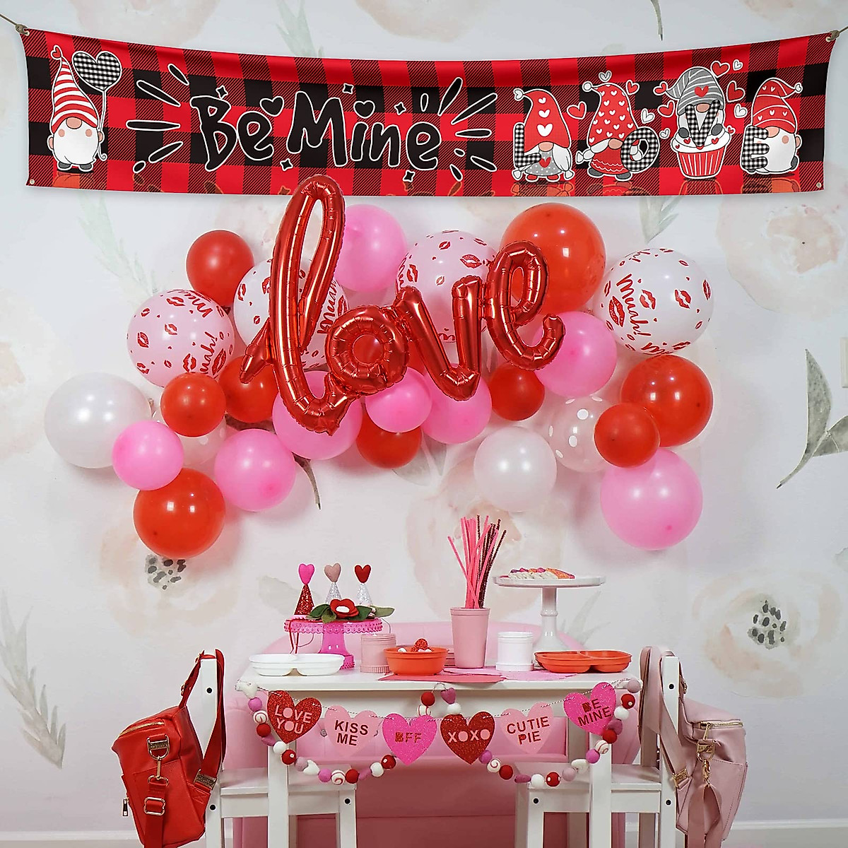 Large Be Mine Banner Valentines Day Outdoor Decorations 120" x 20" Valentine's Yard Sign Gnomes Buffalo Plaid Love Heart Balloon Red Holiday Party Supplies Valentine Backdrop Home Decor with Brass Grommets for Garden House Fence Garage Indoor Gifts Annive