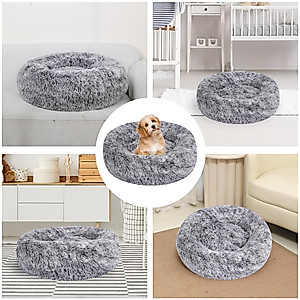 Calming Dog Bed, Dog Beds Fits up to 5 lbs Pets, Fluffy Donut Dog & Cat Bed Washable, Round Anti Anxiety Dog Bed, Small Dog Bed with Non-Slip Bottom (Grey White, 17" x 17")