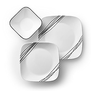 Corelle Vitrelle 18-Piece Service for 6 Dinnerware Set, Triple Layer Glass and Chip Resistant, Lightweight Square Plates and Bowls Set, Simple Sketch