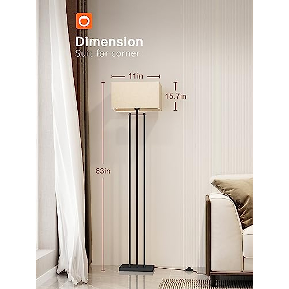 addlon Floor lamp for Living Room, Modern Standing lamp with Linen Shade, Decorative Simple Design Floor Lamps for Bedroom and Office - Black