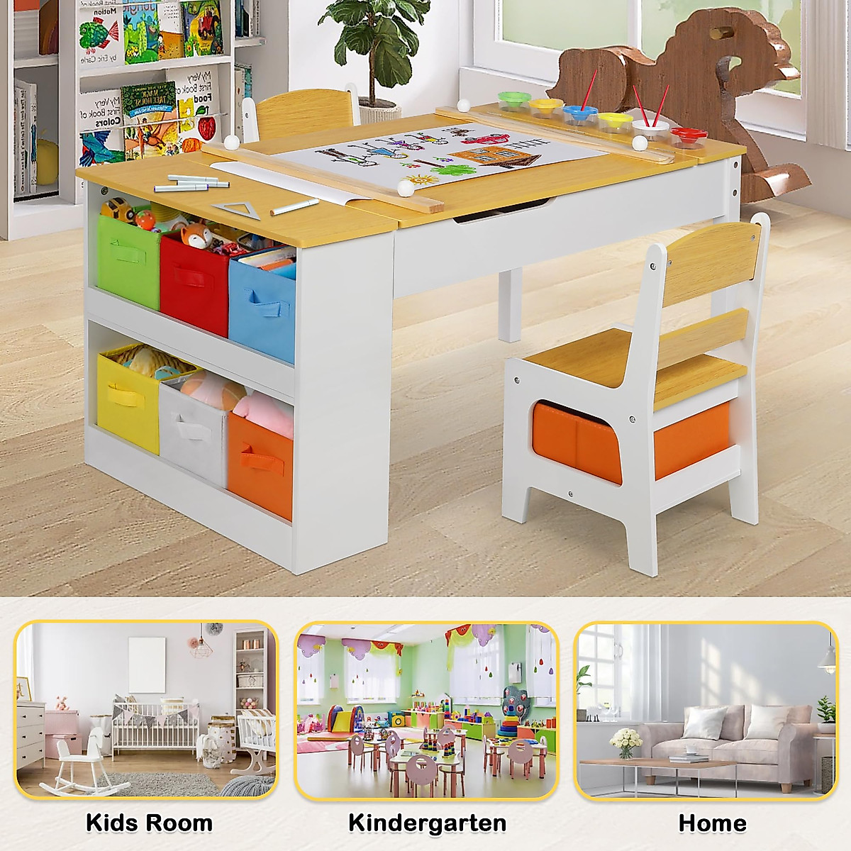 TODEFULL Kids Art Table and Chairs Set, 2 in 1 Kids Art Table, Wooden Activity Table with 2 Chairs, 8 Storage Canvas Bins, 6 Paint Cups and Paper Roll, Large Storage Desk for Writing Drawing, Natural