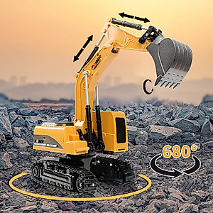 ID Gerilla Remote Control Excavator Toy, RC Construction - Metal Shovel Digger Vehicles with Lights Sounds and 680° Rotation Digging Sand, Christmas Birthday Present for Aged 3 4 5 6-10 + Year Old