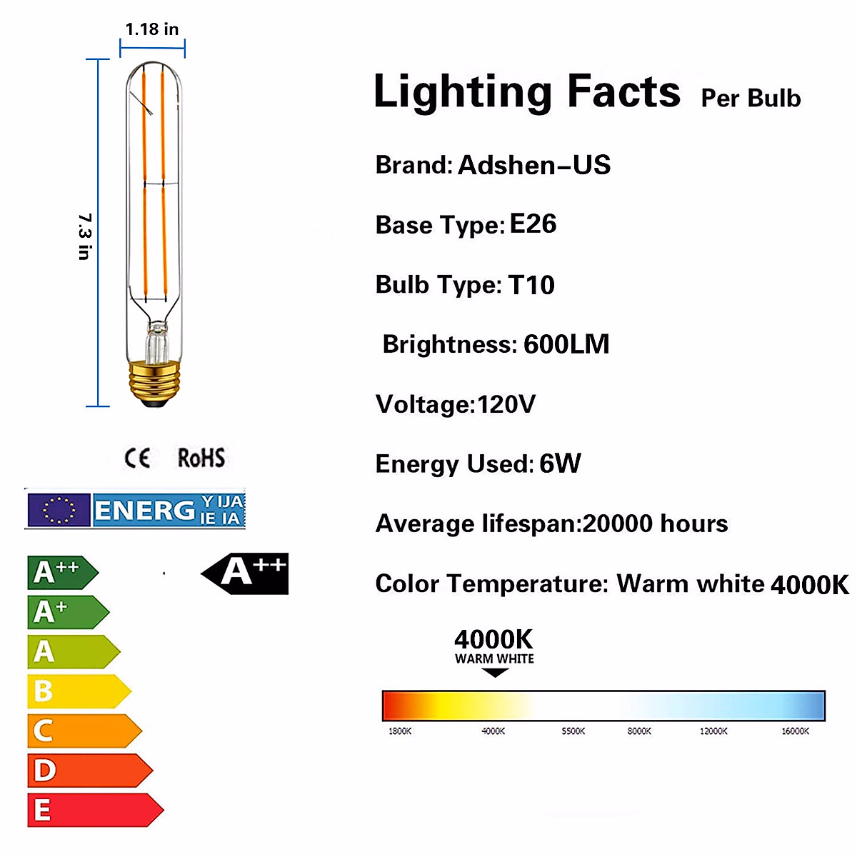 Dimmable 6W Edison Tubular Led Light Bulbs T10/T30,E26 Medium Base 4000K Daylight White Filament Lamp 60 Watt Incandescent Bulb Equivalent,7.3 Inch,Pack of 4