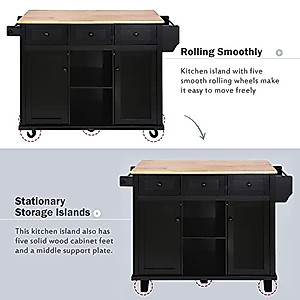 KELRIA Kitchen Cart with Drop-Leaf Countertop, Kitchen Island on 5 Universal Wheels with Open Shelves, Storage Cabinet and 3 Drawers, Large Rubberwood Top Breakfast Bar for Dining Room