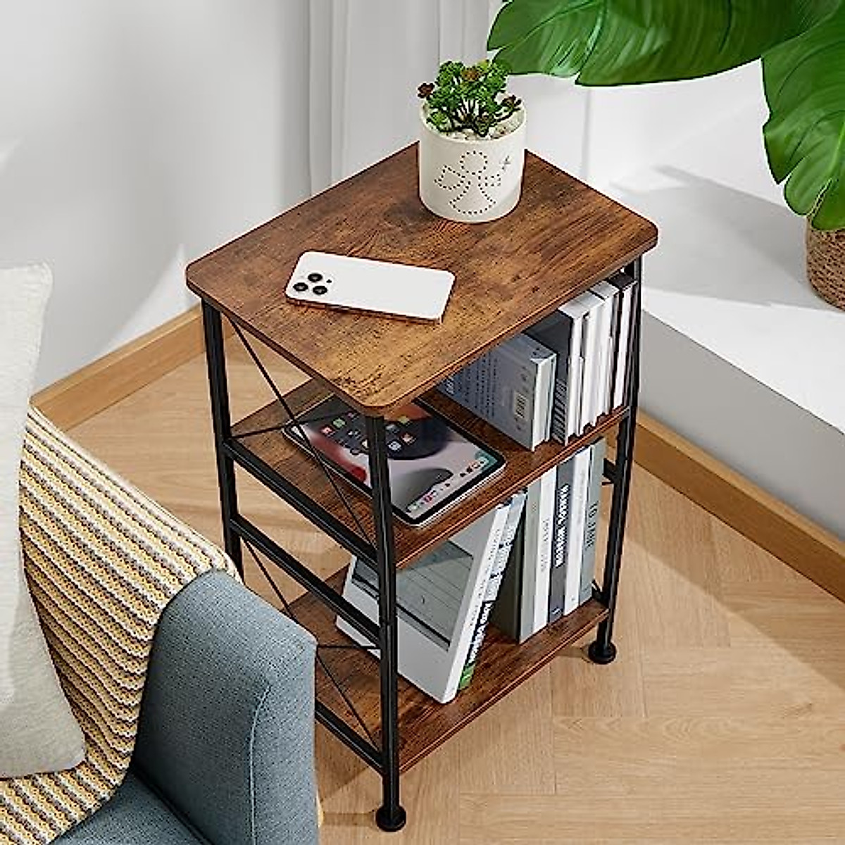 ruboka 3-Tier Small End Table, Small Side Table with Storage Shelf, Small Bookshelf with Metal Frame for Small Spaces, Nightstand, Bookcase, Display Rack for Bedroom, Living Room.