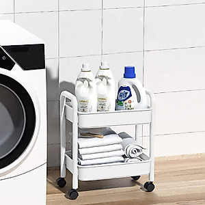 2-Tier Utility Rolling Cart Storage Organizer Sofa Side Table with Wheels, Under Desk Mobile Trolley Organizer with Handle for Office Home Kitchen Organization, White