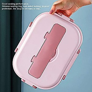 Raviga Stainless Steel Lunch Box 4 Compartments Portable Bento Box for Kids Student or Adult Food Storage Containers with Lids Airtight Soup Bowl And Tableware Large Capacity 50-oz(Pink)