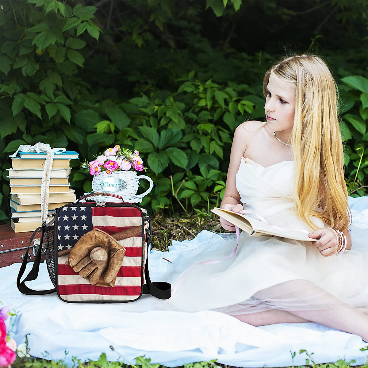 Vintage Baseball Insulated Lunch Box Kids Lunch Bags, Baseball American Flag Reusable Lunch Tote Bag Thermal Cooler Meal Bag with Shoulder Strap for Women Men Boys Girls