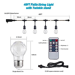 IPStank Outdoor String Lights, 48FT Warm White Patio Light String IP65 Patio Lights Light Bulbs Twinkle Stand, Weatherproof and Shatterproof, Decorative for Cafe, Patio, Porch and Party
