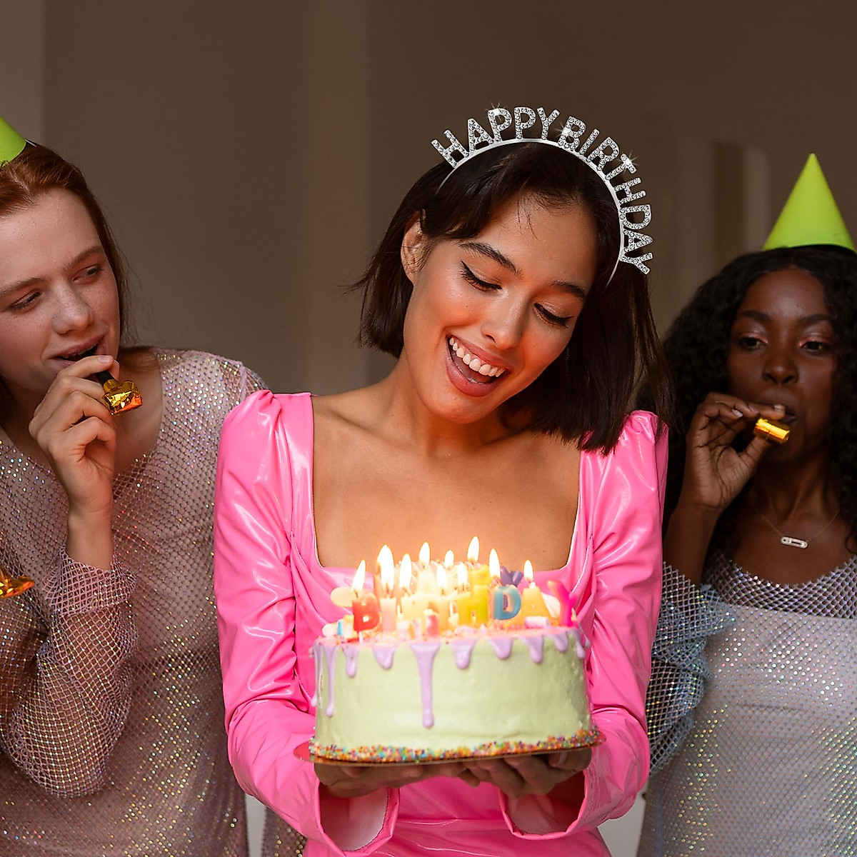 Gold Rhinestone Birthday Headband, Tiara Hat with Crowns for Women Girls, Party Decorations Accessories (Silver)