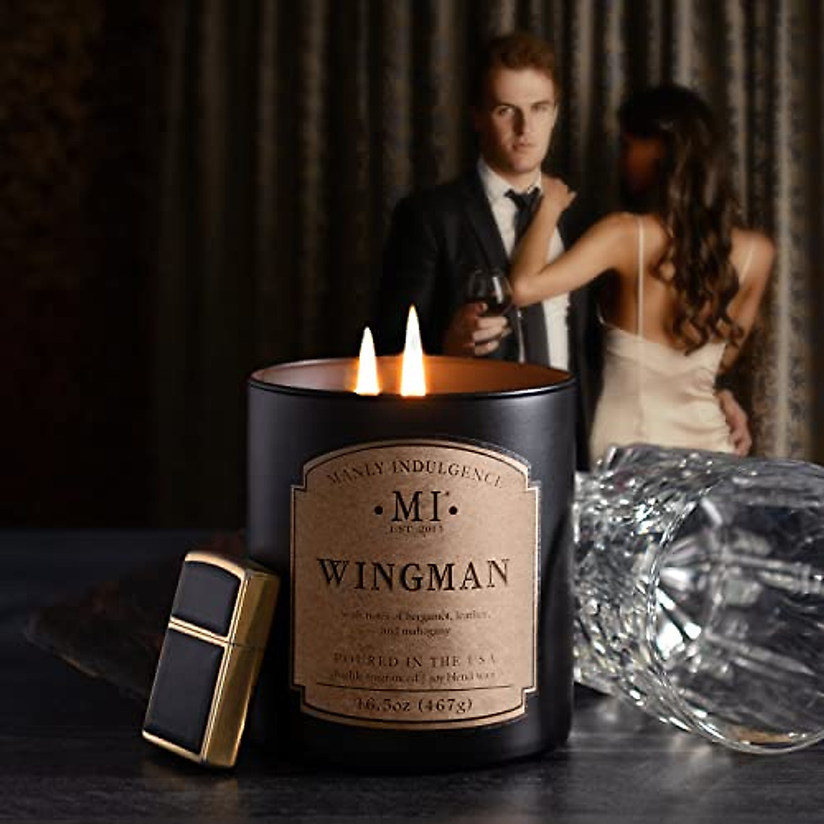 Manly Indulgence Wingman Scented Jar Candle, Classic+ Collection, 2 Wick, 16.5 oz - Up to 60 Hours Burn