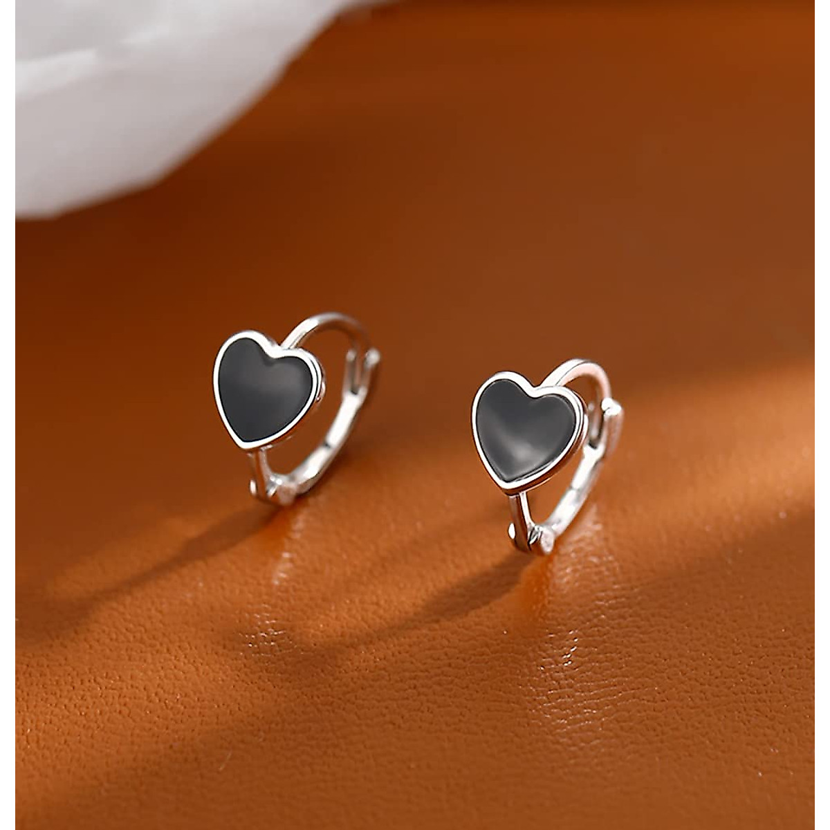 Reffeer Solid 925 Sterling Silver Love Heart Hoop Earrings for Women Teen Girls Black Heart Huggie Earrings Small Hoop (A-Silver)