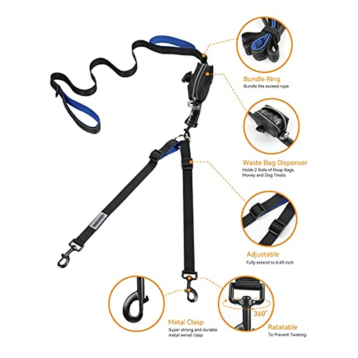 YOUTHINK Double Dog Leash, Dog Walking Leash 2 Dogs up to 180lbs, Comfortable Adjustable Dual Padded Handles, Bonus Pet Waste Bag (Double Dog Leash)