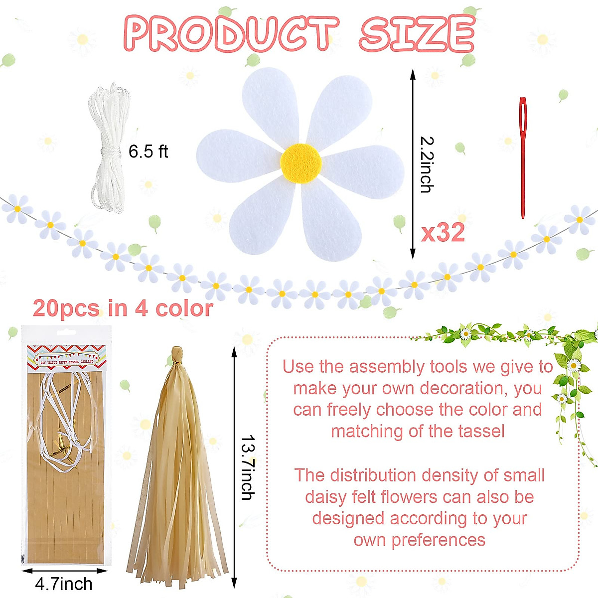 Tudomro 2 Pcs Daisy Groovy Boho Garland with 20 Pcs Paper Tassels, Groovy Party Decorations Hippie Daisy Felt Banner Artificial Daisy Party Favor for Wedding Birthday Party Bridal Decorations(Daisy)