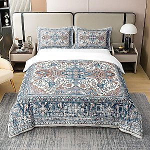 100% Cotton Antique Duvet Cover Twin, Boho Bedding Set, Blue Brown Damask Floral Bohemian Flowers Retro Comforter Cover, Exotic Tribal Medallion Egyptian Bedroom Decor Quilt Cover