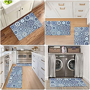 Crisjanggo 2PCS Kitchen Rugs and Mats, Blue Memory Foam Cushioned Anti Fatigue Comfort Floor Mat Non Slip PVC Waterproof Kitchen Carpet Set for Kitchen Laundry Sink 17"x48"+17"x28"