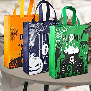 Aviski 12PCS Halloween Trick or Treat Bags,Halloween Tote Bags with Handles, Large Gift Bags, Multifunctional Non-Woven Halloween Bags for Gifts Wrapping, Halloween Party Supplies, 15×11.8×3.9"