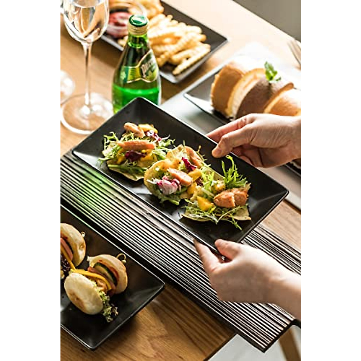 Gomakren Black Serving Platter Set of 4 Porcelain Serving Plates Rectangular Serving Dishes and Platters Serving Trays for Party Food Appetizer Salads Sushi, 10 Inches Black Serveware Gifts
