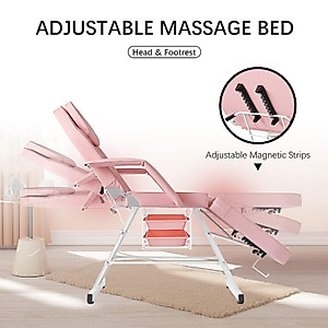 Dangvivi Facial Chair with Tattoo Stool, Lash Chair Bed for Eyelash Extensions, Tattoo Chair Table for Client with 2 Adjustable Storage Baskets, Esthetician Bed for Facial Beauty (Pink)