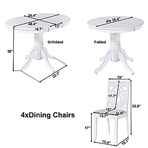 5-Piece Dining Table Set, Round Kitchen Table Set for 4, Extendable Kitchen Table Set with 4 Exquisite Upholstered Chair, Solid Wood Dining Furniture Set with Extendable Leaf for Small Places, White