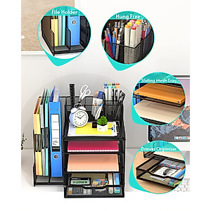 VIVSOL Desk Organizer with Mesh File Holder, 4-Tier Office Supplies Desk Organizers and Accessories with Sliding Drawers, 3 Trays & Pen Holder, Desk File Organizer and Storage for Office, School, Home