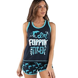 Lazy One Matching Pajamas for Women, Cute Pajama Shorts and Tank Top Set, Dolphin, Ocean, Seaside (I'm Flipping Tired, Small)