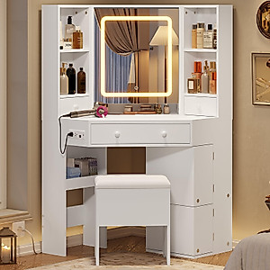 BTHFST Corner Vanity Desk with Lights and Charging Station, Makeup Vanity with Lights, Vanity Set with Mirror and Storage Stool, Makeup Table with Drawers, Rotating Shelves, White