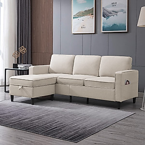 Mjkone 78“ Sectional Sofa Couch for Living Room | Convertible Linen Sofa Chaise with Reversible Storage Ottoman | Modern Modular Sofa with 2 Side Pockets | Small Sofa for Small Places | Office (Beige)